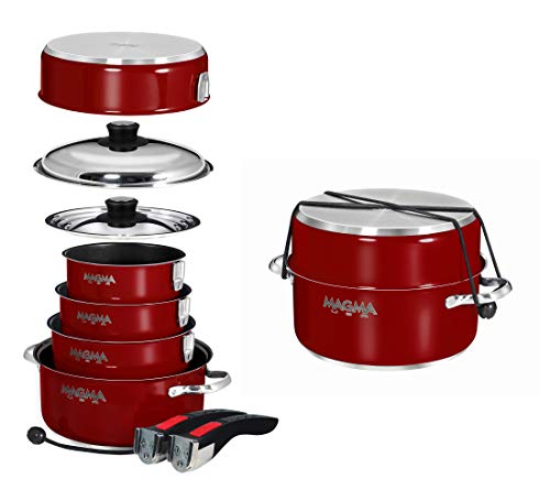 Magma Products, A10-366-MR-2-IN Gourmet Nesting 10-Piece Red Stainless Steel Induction Cookware Set with Ceramica Non-Stick