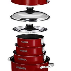 Magma Products, A10-366-MR-2-IN Gourmet Nesting 10-Piece Red Stainless Steel Induction Cookware Set with Ceramica Non-Stick