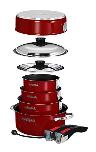 Magma Products, A10-366-MR-2-IN Gourmet Nesting 10-Piece Red Stainless Steel Induction Cookware Set with Ceramica Non-Stick