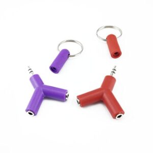 yueton Pack of 2 Y Shaped 3.5mm Jack Stereo Audio Headset Splitter Connector Adapter Keyring Key Ring - Headphone Splitter (Red+Purple)