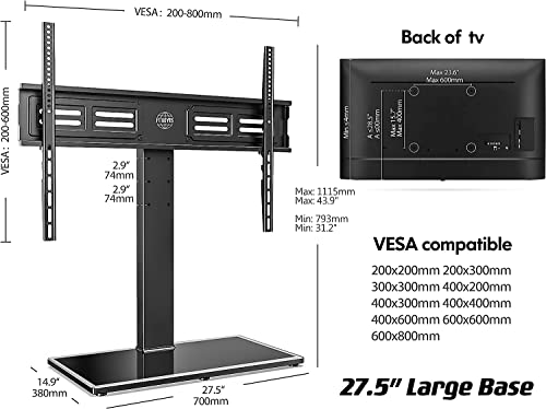 FITUEYES Universal TV Stand/Base Swivel Tabletop TV Stand with Mount for 50 to 85 inch Flat Screen TV 100 Degree Swivel, 4 Level Height Adjustable,Tempered Glass Base,Holds up to 143lbs Screens