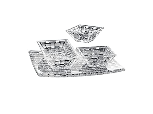 Nachtmann Bossa Nova Collections, 4 Piece Serving Set, Crystal Glass Serving Dishes for Cheese, Crackers, Fruits, and Appetizers, Platter, Square and Rectangular Bowls