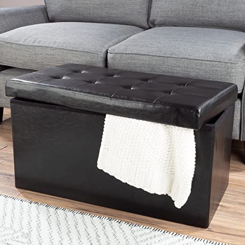 LAVISH HOME (Black) Ottoman-Faux-Leather Rectangular Storage Bench, Works as Foot Rest for Easy Room Organization Home-Complete