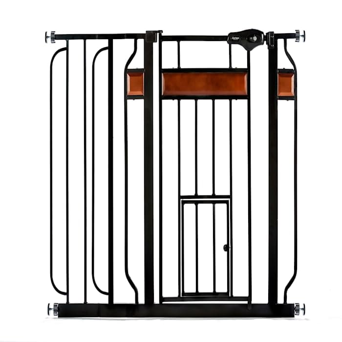 Carlson Home Design Extra Wide Walk Thru Pet Gate with Small Pet Door, Includes Décor Hardwood, 4-Inch Extension Kit, Pressure Mount Kit and Wall Mount Kit