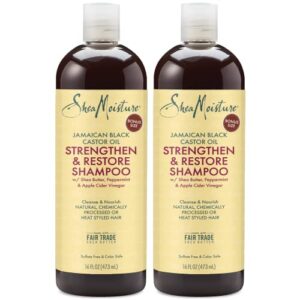 sheamoisture jamaican black castor oil strengthen & restore shampoo, shea butter, peppermint & apple cider vinegar, sulfate free, chemically processed hair, family size (2 pack -16 fl oz ea)