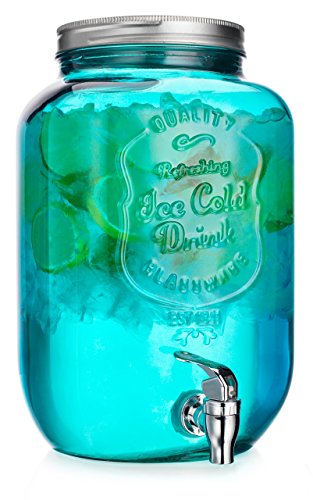 Elegant Home Glass Ice Cold Beverage Dispenser- Mason Jar Vintage Blue With Spigot ~ Durable Glass Drink Jug Wide Mouth Easy Filling For Outdoor, Parties, Laundry Detergent & Daily Use (2.15 Gallons)