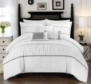 chic home cheryl 10 piece comforter complete bag pleated ruched ruffled bedding with sheet set and decorative pillows shams included, queen, white