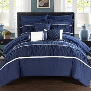 Chic Home Cheryl Comforter Complete Bag Pleated Ruched Ruffled Bedding with Sheet Set and Decorative Pillows Shams Included, Queen, Navy