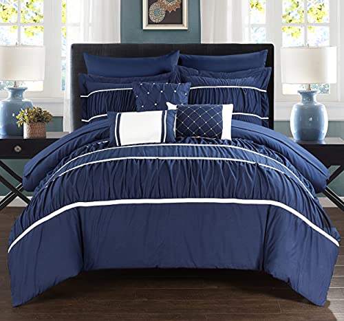 Chic Home Cheryl Comforter Complete Bag Pleated Ruched Ruffled Bedding with Sheet Set and Decorative Pillows Shams Included, Queen, Navy