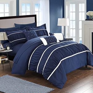 Chic Home Cheryl Comforter Complete Bag Pleated Ruched Ruffled Bedding with Sheet Set and Decorative Pillows Shams Included, Queen, Navy