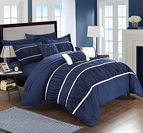 Chic Home Cheryl Comforter Complete Bag Pleated Ruched Ruffled Bedding with Sheet Set and Decorative Pillows Shams Included, Queen, Navy