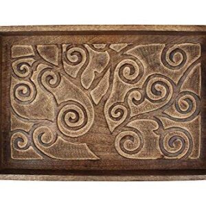 Tree of Life Hand Carved Wooden Breakfast Serving Tray with Handle for Tea Snack Dessert Kitchen Dining Serve-Ware Accessories 15 x 10 Inches