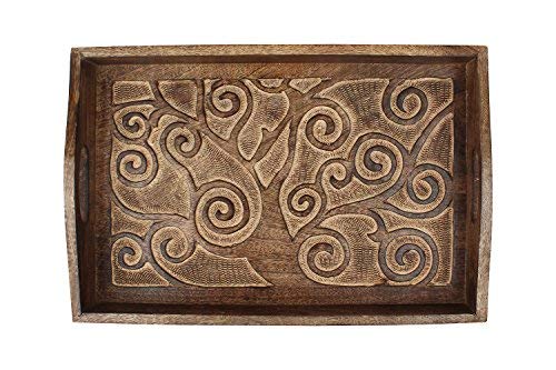 Tree of Life Hand Carved Wooden Breakfast Serving Tray with Handle for Tea Snack Dessert Kitchen Dining Serve-Ware Accessories 15 x 10 Inches