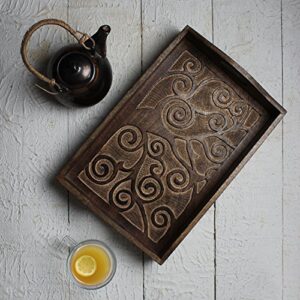 Tree of Life Hand Carved Wooden Breakfast Serving Tray with Handle for Tea Snack Dessert Kitchen Dining Serve-Ware Accessories 15 x 10 Inches