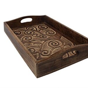 Tree of Life Hand Carved Wooden Breakfast Serving Tray with Handle for Tea Snack Dessert Kitchen Dining Serve-Ware Accessories 15 x 10 Inches