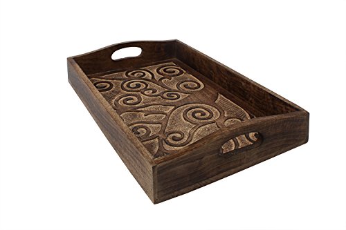 Tree of Life Hand Carved Wooden Breakfast Serving Tray with Handle for Tea Snack Dessert Kitchen Dining Serve-Ware Accessories 15 x 10 Inches