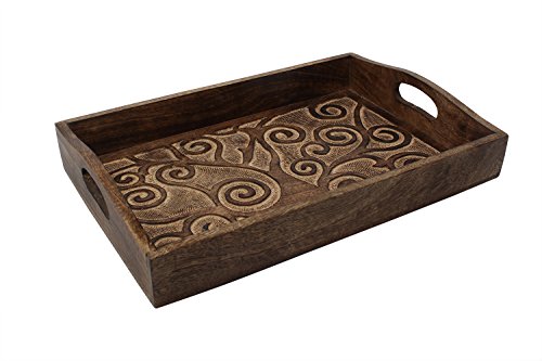 Tree of Life Hand Carved Wooden Breakfast Serving Tray with Handle for Tea Snack Dessert Kitchen Dining Serve-Ware Accessories 15 x 10 Inches