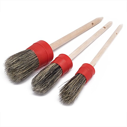 Detail Buddy Natural Boar Premium Heavy Duty Detailing Brush for Wheels, Interior, Leather, Trim - Set of 3 (Brown, Set of 3 - Wood)