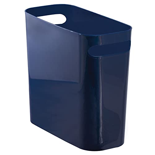 mDesign Plastic Small Trash Can, 1.5 Gallon/5.7-Liter Wastebasket, Narrow Garbage Bin with Handles for Bathroom, Laundry, Home Office - Holds Waste, Recycling, 10" High - Aura Collection, Navy Blue