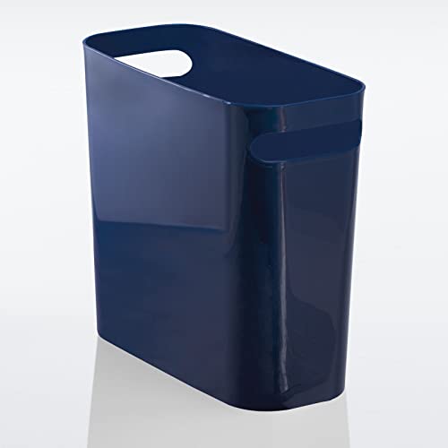 mDesign Plastic Small Trash Can, 1.5 Gallon/5.7-Liter Wastebasket, Narrow Garbage Bin with Handles for Bathroom, Laundry, Home Office - Holds Waste, Recycling, 10" High - Aura Collection, Navy Blue