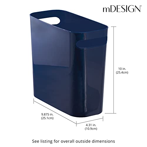 mDesign Plastic Small Trash Can, 1.5 Gallon/5.7-Liter Wastebasket, Narrow Garbage Bin with Handles for Bathroom, Laundry, Home Office - Holds Waste, Recycling, 10" High - Aura Collection, Navy Blue