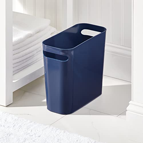 mDesign Plastic Small Trash Can, 1.5 Gallon/5.7-Liter Wastebasket, Narrow Garbage Bin with Handles for Bathroom, Laundry, Home Office - Holds Waste, Recycling, 10" High - Aura Collection, Navy Blue