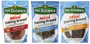 pet botanics mini training rewards for dogs 3 flavor variety bundle: (1) bacon, (1) chicken and (1) beef, 4 oz ea (200 count per bag, 3 bags total)