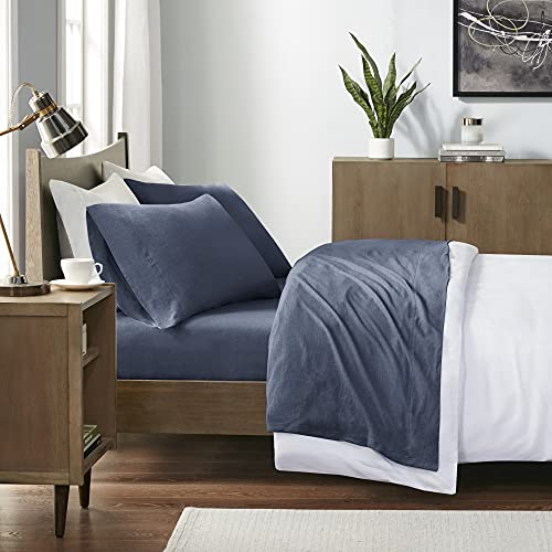 INK+IVY 100% Cotton Jersey Knit Heathered Fabric Sheet 13" Deep Pocket Modern All Season, Soft Bedding-Set, Matching Pillow Case, Queen, Navy, 4 Piece (II20-710)