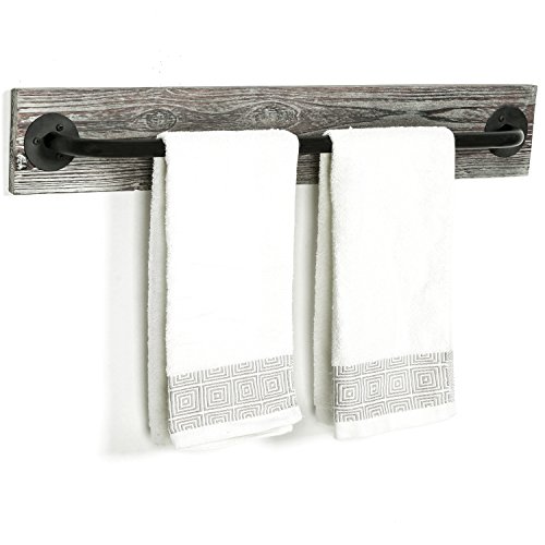 MyGift Realistic Metal Pipe Bathroom Towel Bar with Rustic Torched Solid Wood Wall Mount Industrial Bathroom Fixtures Hanging Towel Rack