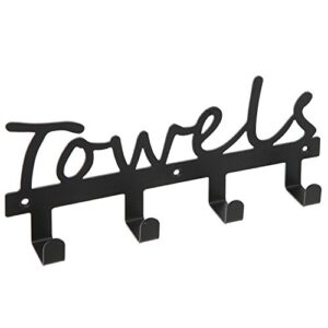 MyGift Wall Mounted Black Metal Towel Rack with 4 Hooks, Hanging Kitchen and Bathroom Storage Towel Hooks with Towels Letter Cut Out Design