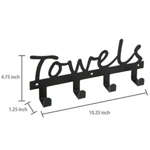 MyGift Wall Mounted Black Metal Towel Rack with 4 Hooks, Hanging Kitchen and Bathroom Storage Towel Hooks with Towels Letter Cut Out Design