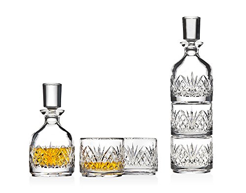 Godinger Stackable Whiskey Decanter and Whisky Glasses Dublin 3 pc set, for Liquor Scotch Bourbon or Wine