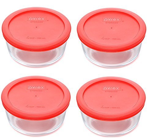 Pyrex (4) 7201 4-Cup Glass Bowls & (4) 7201-PC Red Plastic Lid Covers Made in the USA