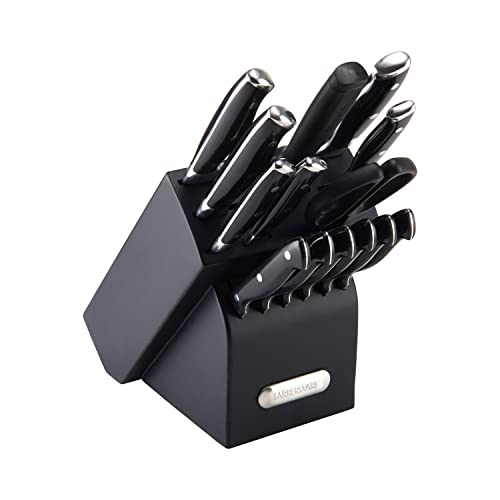 Farberware 15-Piece Forged Triple Riveted Knife Block Set, High Carbon-Stainless Steel Kitchen Knives, Razor-Sharp Knife Set with Wood Block, Black