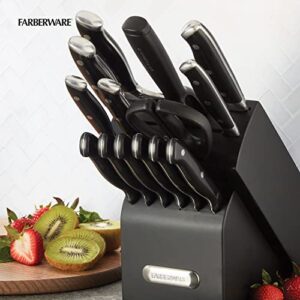 Farberware 15-Piece Forged Triple Riveted Knife Block Set, High Carbon-Stainless Steel Kitchen Knives, Razor-Sharp Knife Set with Wood Block, Black