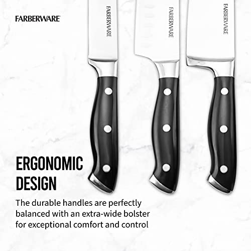 Farberware 15-Piece Forged Triple Riveted Knife Block Set, High Carbon-Stainless Steel Kitchen Knives, Razor-Sharp Knife Set with Wood Block, Black