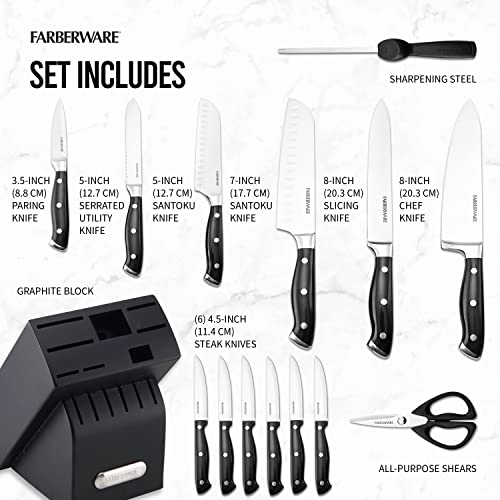 Farberware 15-Piece Forged Triple Riveted Knife Block Set, High Carbon-Stainless Steel Kitchen Knives, Razor-Sharp Knife Set with Wood Block, Black