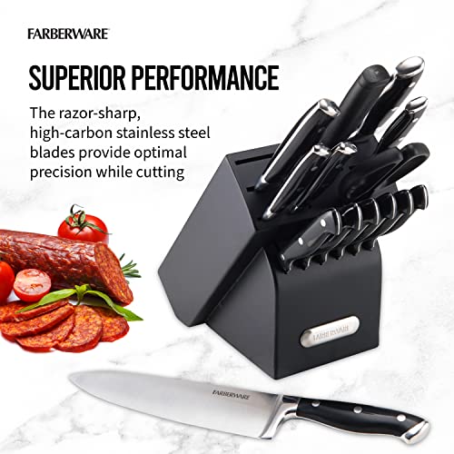 Farberware 15-Piece Forged Triple Riveted Knife Block Set, High Carbon-Stainless Steel Kitchen Knives, Razor-Sharp Knife Set with Wood Block, Black