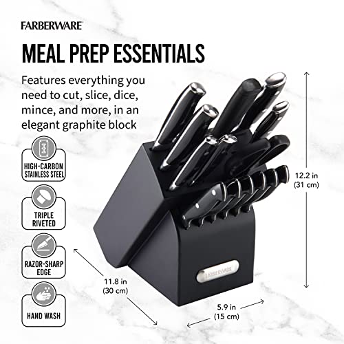 Farberware 15-Piece Forged Triple Riveted Knife Block Set, High Carbon-Stainless Steel Kitchen Knives, Razor-Sharp Knife Set with Wood Block, Black