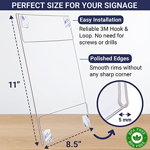 Acrylic Sign Holder with Hook and Loop Adhesive, 8.5 x 11 inches - Portrait or 11 x 8.5 inches - Landscape, Clear Wall Mount Frame, Perfect for home, office, store, restaurant (6 Pack)