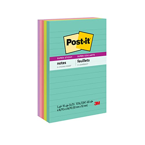 Post-it Super Sticky Notes, 4x6 in, 5 Pads, 2x the Sticking Power, Supernova Neons, Bright Colors, Recyclable (660-5SSMIA)