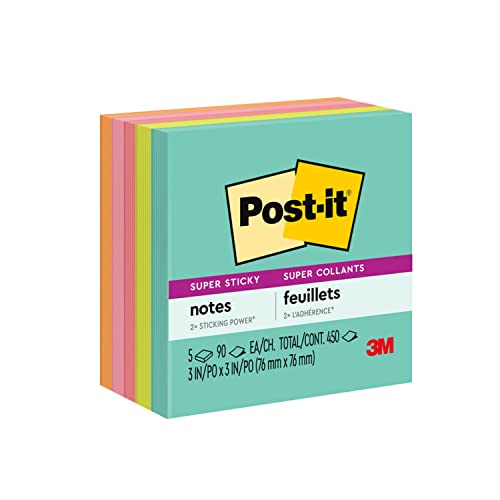 Post-it Super Sticky Notes, 3x3 in, 5 Pads, 2x the Sticking Power, Supernova Neons, Recyclable (654-5SSMIA)