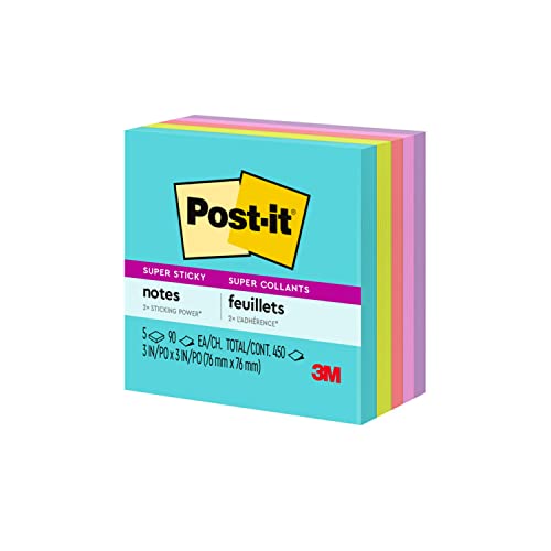 Post-it Super Sticky Notes, 3x3 in, 5 Pads, 2x the Sticking Power, Supernova Neons, Recyclable (654-5SSMIA)