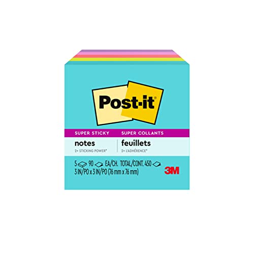 Post-it Super Sticky Notes, 3x3 in, 5 Pads, 2x the Sticking Power, Supernova Neons, Recyclable (654-5SSMIA)