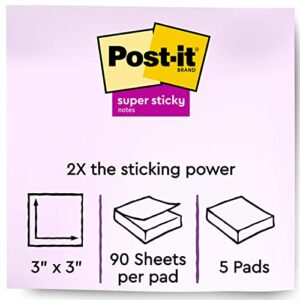 Post-it Super Sticky Notes, 3x3 in, 5 Pads, 2x the Sticking Power, Supernova Neons, Recyclable (654-5SSMIA)