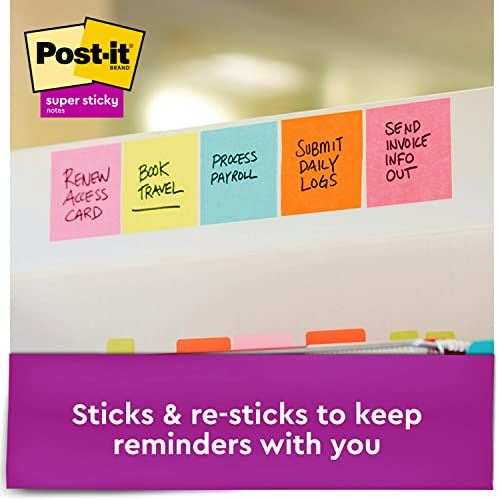 Post-it Super Sticky Notes, 3x3 in, 5 Pads, 2x the Sticking Power, Supernova Neons, Recyclable (654-5SSMIA)