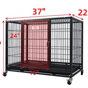 Homey Pet 37 inch Heavy Duty Dog Crate, Extra Strong Dog Cage for Medium Dog, Indoor High Anxiety Double Door Dog Crate on Wheels with Removable Tray