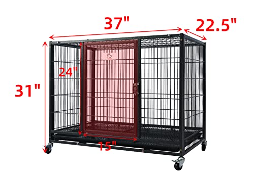 Homey Pet 37 inch Heavy Duty Dog Crate, Extra Strong Dog Cage for Medium Dog, Indoor High Anxiety Double Door Dog Crate on Wheels with Removable Tray