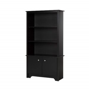 south shore vito tall 3-shelf bookcase with 2 doors, pure black with metal knobs