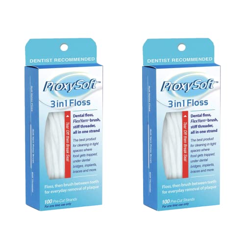 ProxySoft 3-in-1 Dental Floss for Optimal Teeth Flossing​- 2 packs Pre-Cut Ortho Floss Threaders for Braces, Tight Spaces, Bridges, Implants with Built-in Soft Proxy Brush and Stiff Threader Flosser